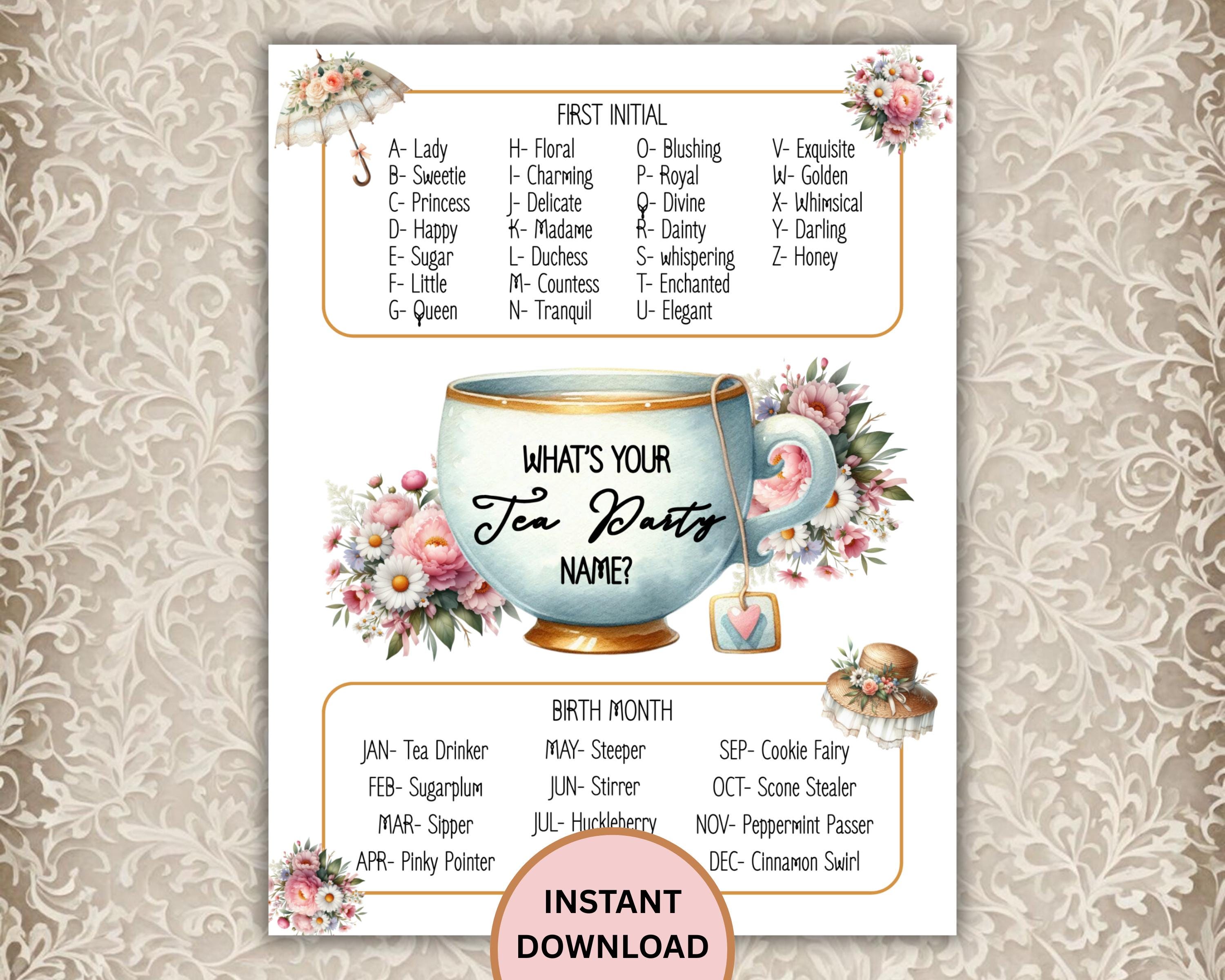 What's Your Tea Party Name, Printable Tea Time Activity, Tea Party Name ...