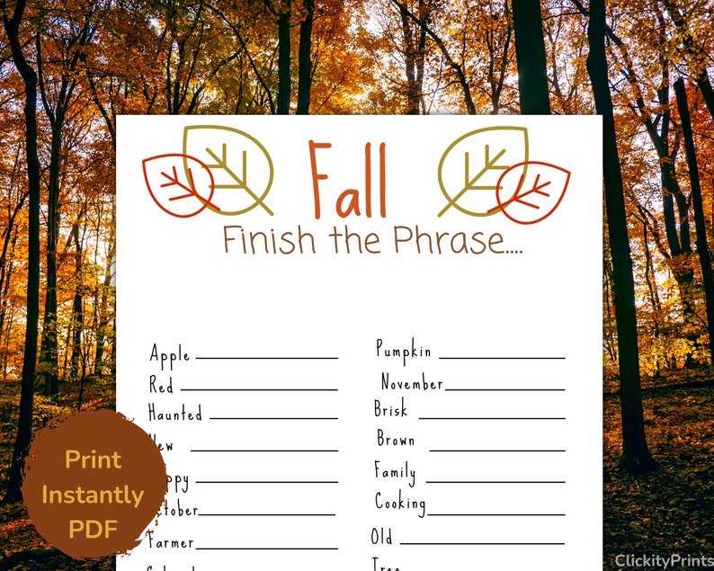 Fall Finish the Phrase Game, Printable or Virtual Game for Adults or ...