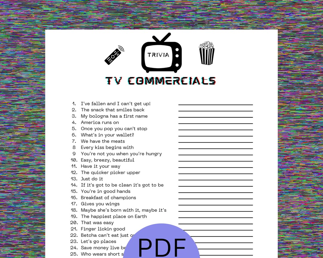 TV Commercial Trivia Game, Printable TV Tagline Quiz, Game Day ...