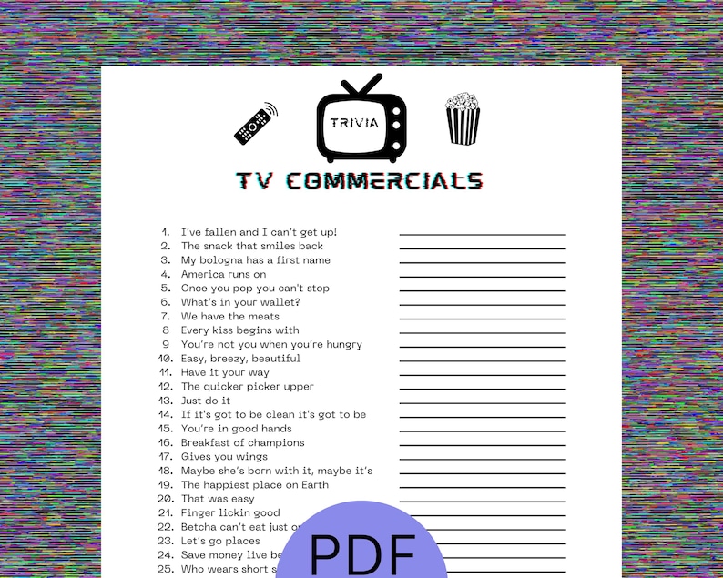 TV Commercial Trivia Game, Printable TV Tagline Quiz, Game Day ...