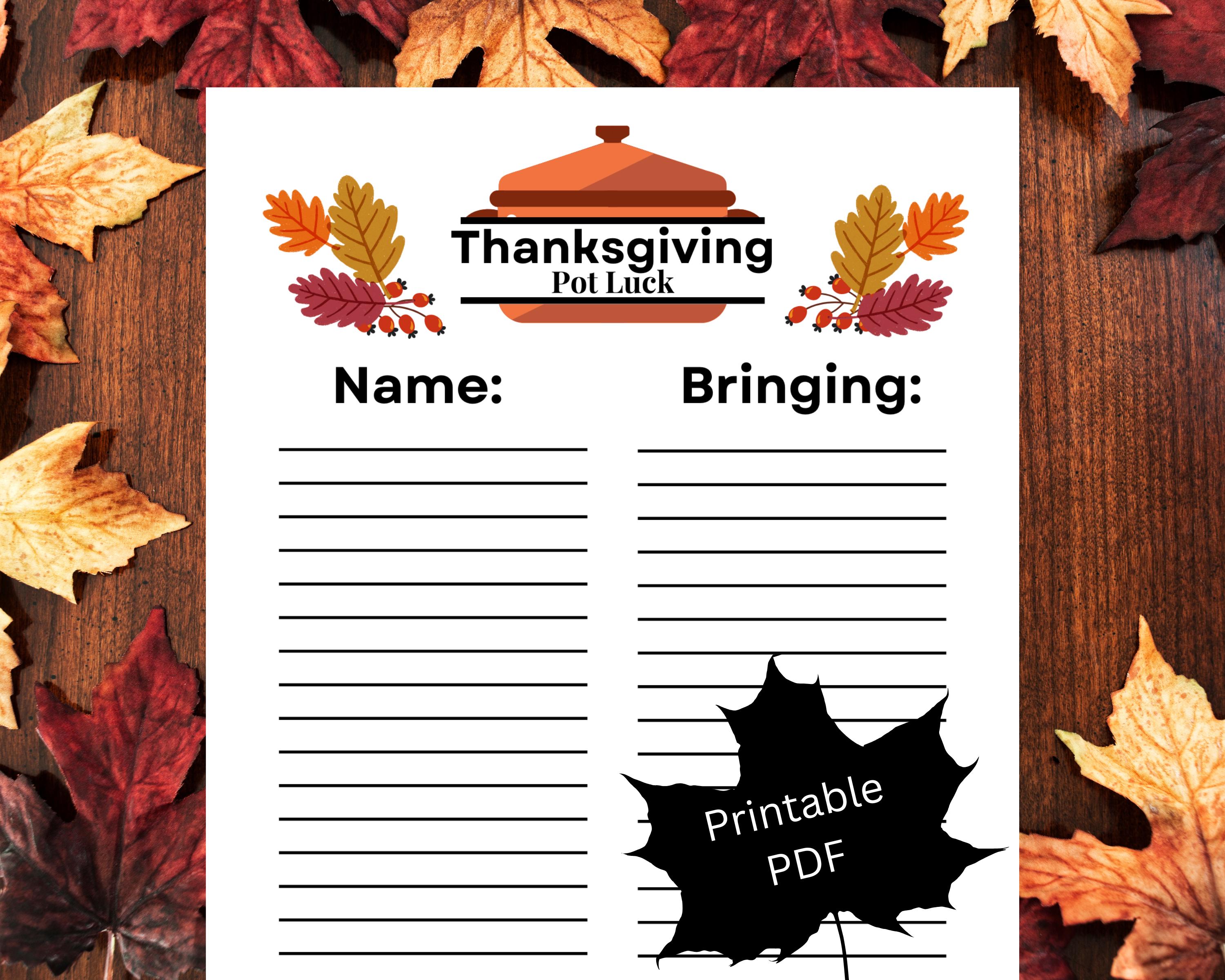 Thanksgiving Pot Luck Sign up Sheet for Dinner Party Work or School ...