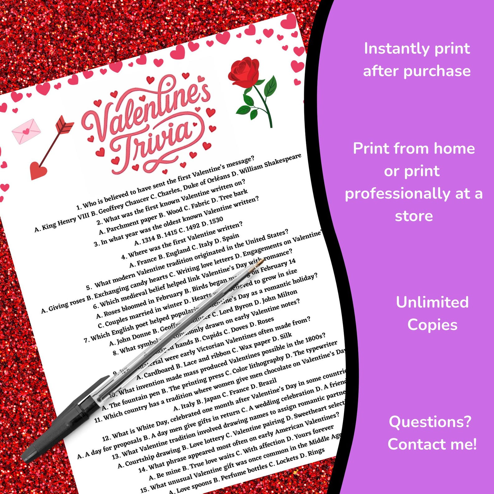 Valentine Trivia Game for Kids & Adults Instant Download, Printable ...