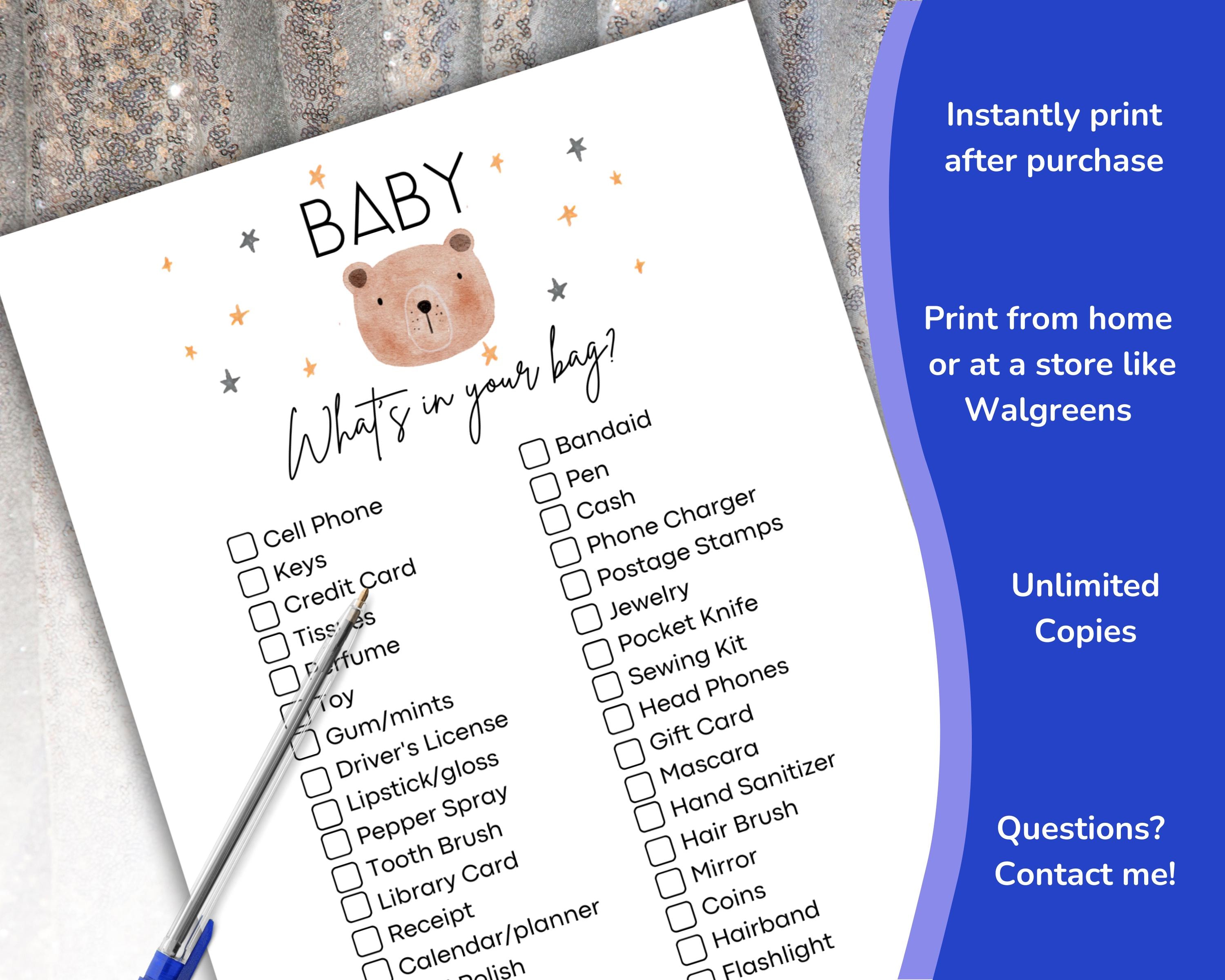 Teddy Bear Baby Shower Printable What's in Your Bag Purse Game, Bear ...