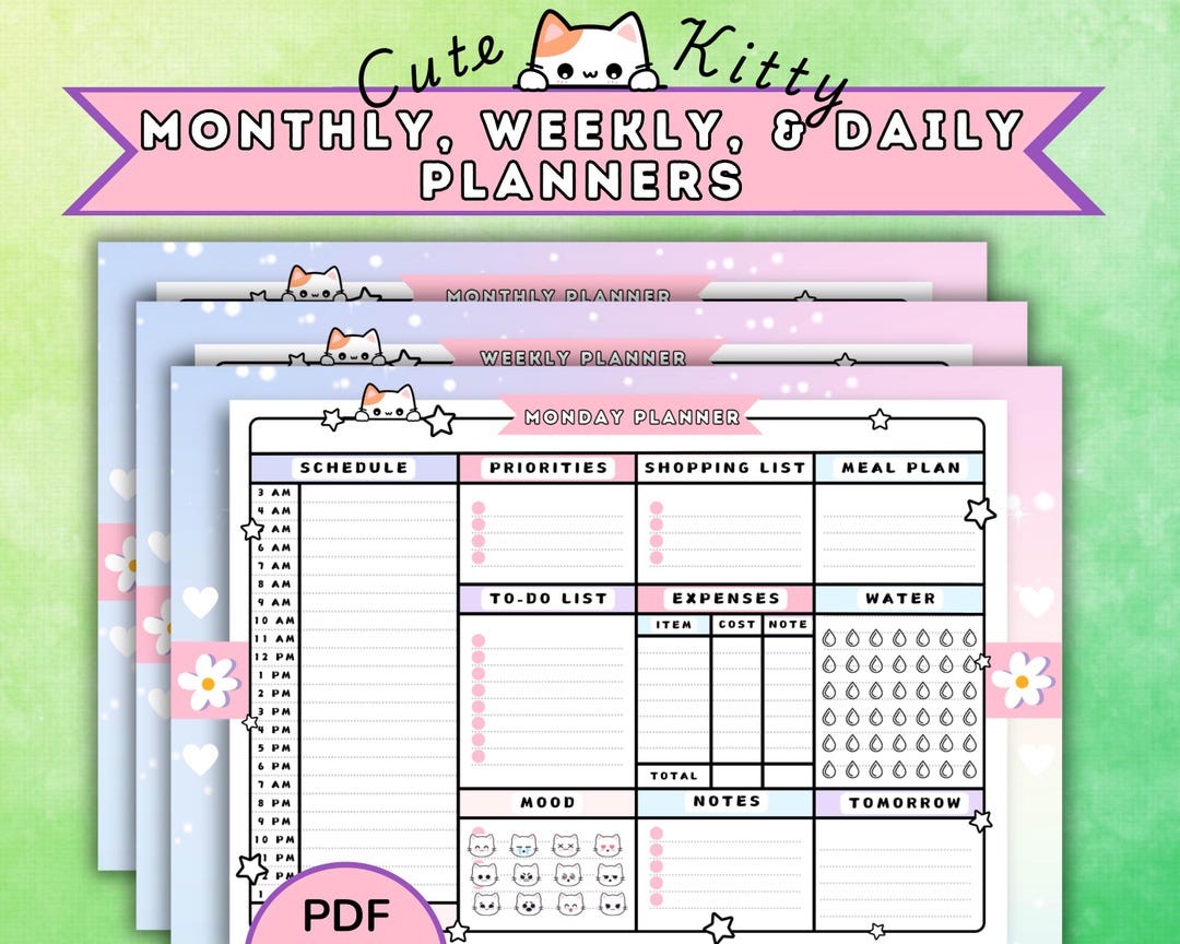 Cute Kitty Weekly Monthly Daily Planners, Colorful Cute Playful ...