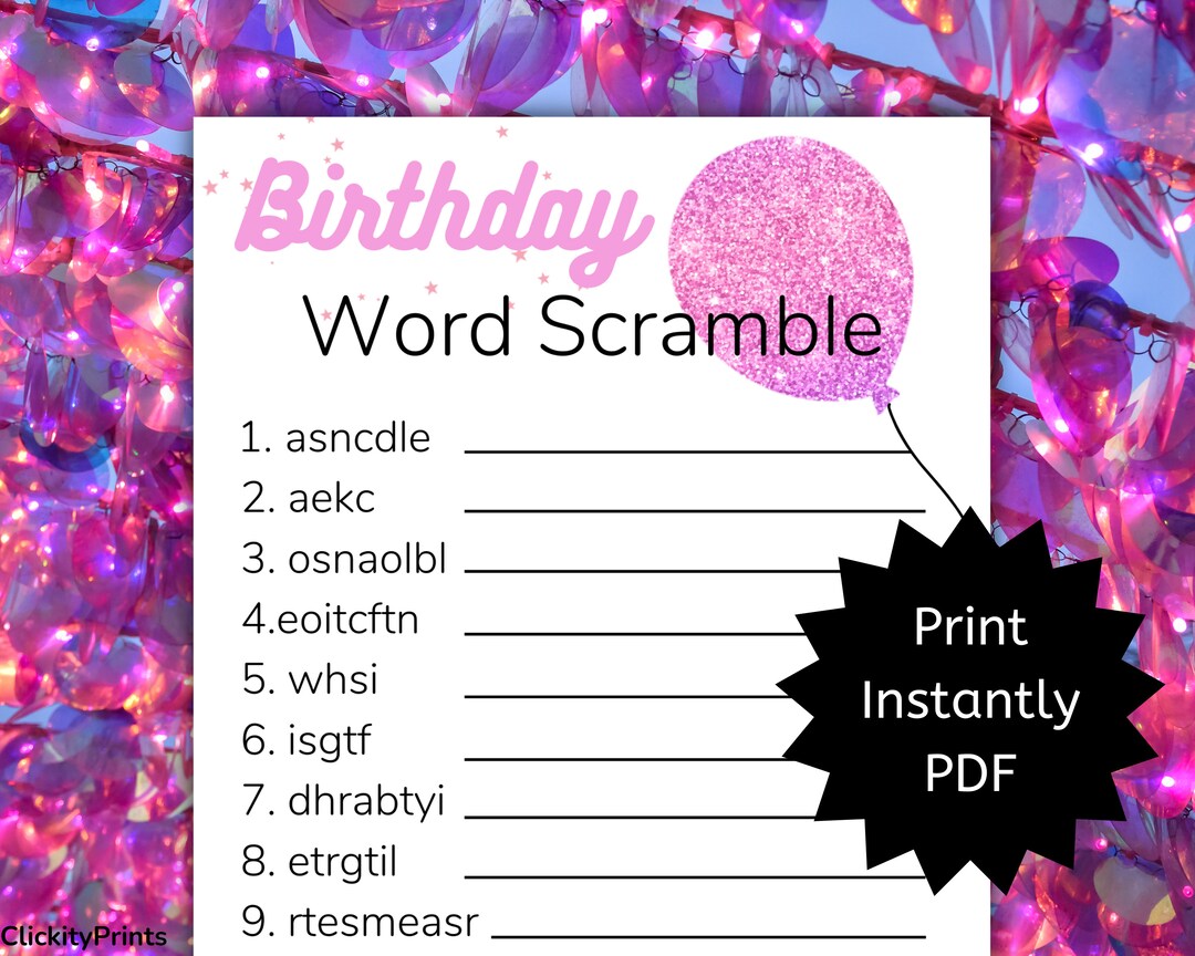Birthday Word Scramble for Her, Girly Word Scramble, Pink Word Scramble ...