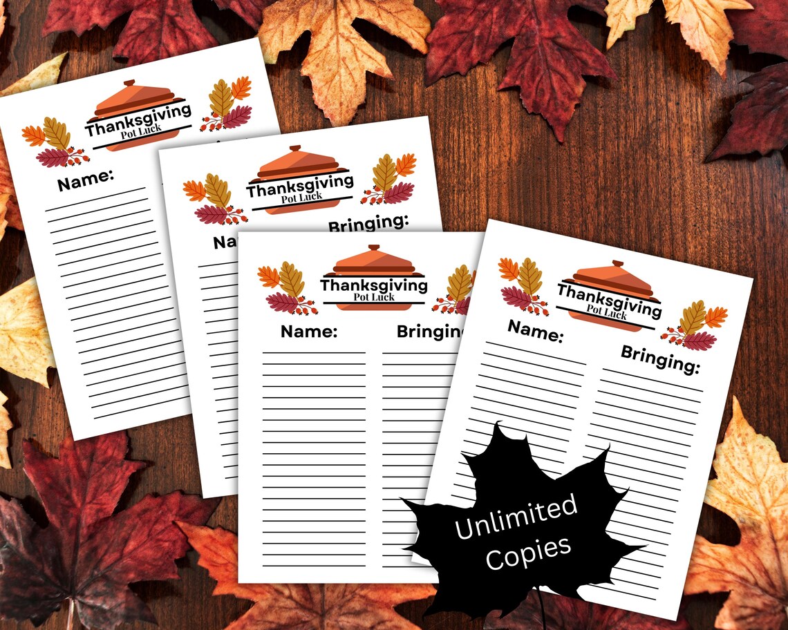 Thanksgiving Pot Luck Sign up Sheet for Dinner Party Work or School ...