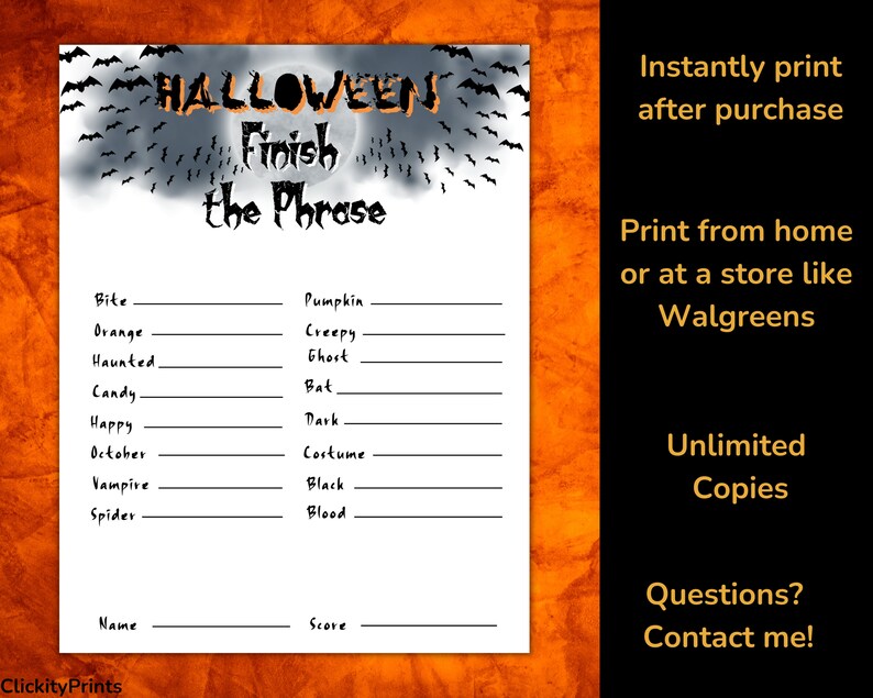 Halloween Finish the Phrase Game-halloween Party Game-spooky - Etsy
