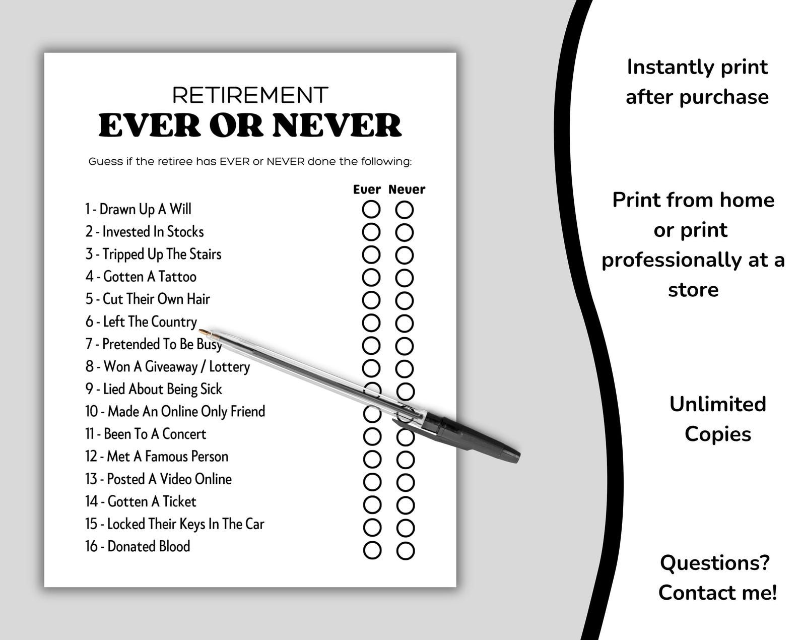 Ever or Never Retirement Party Game, Printable Game for Retiree ...