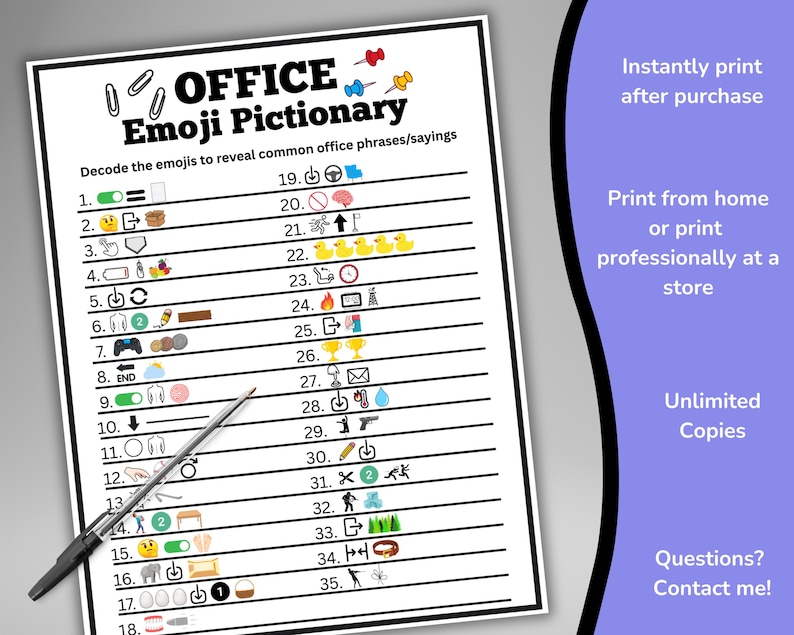 Office Team Building Emoji Pictionary Game, Printable Office Party Game ...