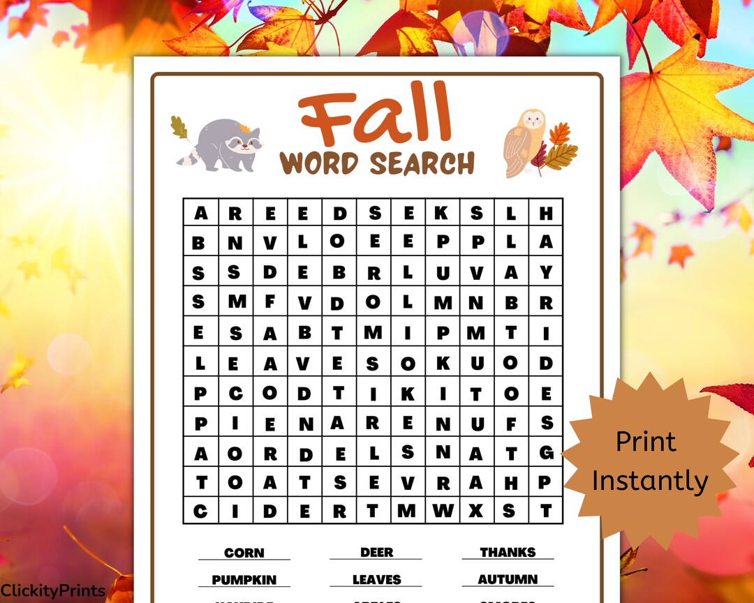 Fall Word Search-autumn Word Search-fall Family Activity-autumn Family ...