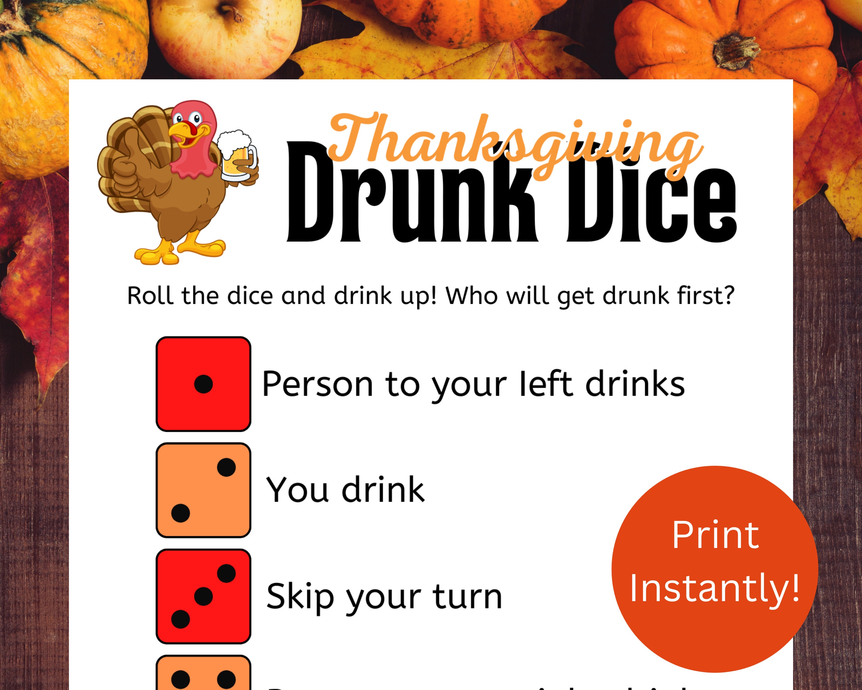 Thanksgiving Turkey Drunk Dice Printable Game, Dinner Party Activity for Adults, Thanksgiving ...
