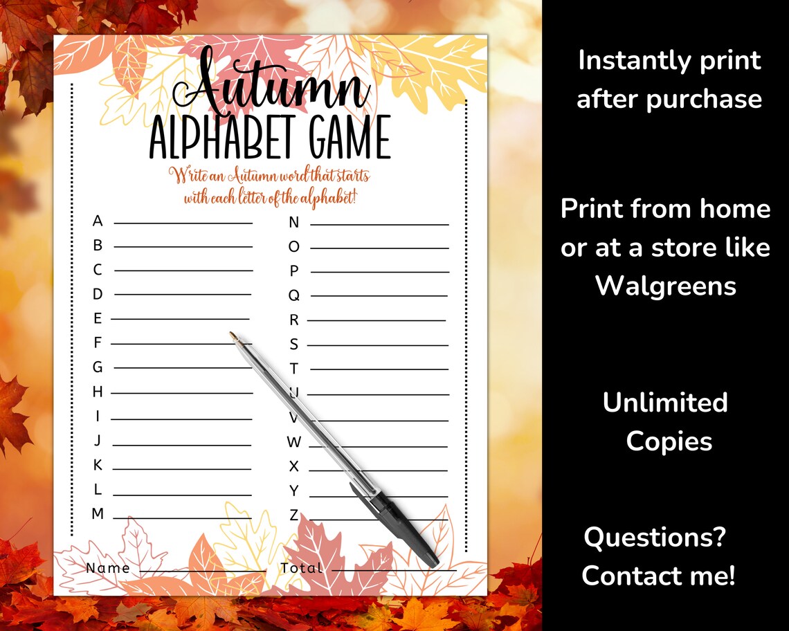 Autumn A-Z Game, Fall Alphabet Game, A-Z Race, Printable Games, Instant ...