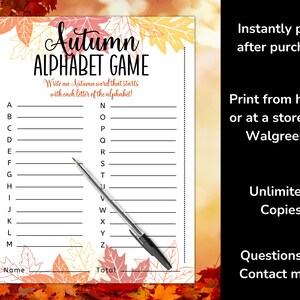 Autumn A-Z Game, Fall Alphabet Game, A-Z Race, Printable Games, Instant ...