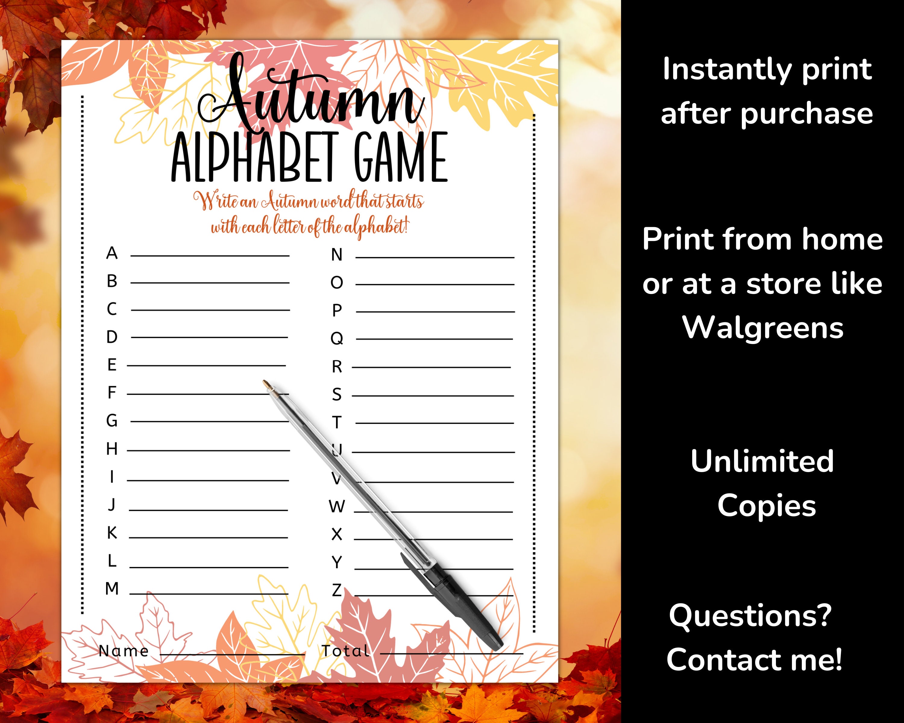 Autumn A-Z Game, Fall Alphabet Game, A-Z Race, Printable Games, Instant ...