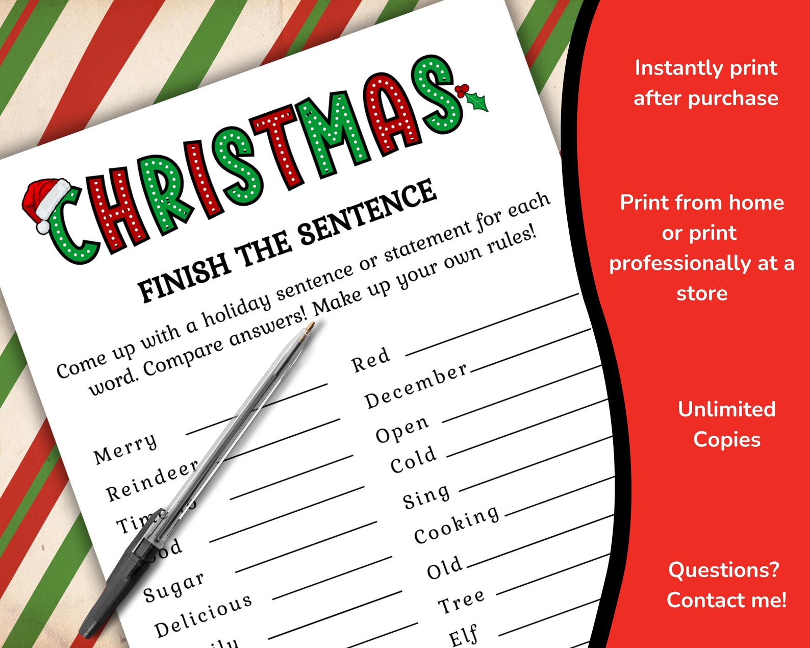 Finish the Sentence Christmas Activity for School or Office, Printable ...