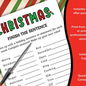 Finish the Sentence Christmas Activity for School or Office, Printable ...
