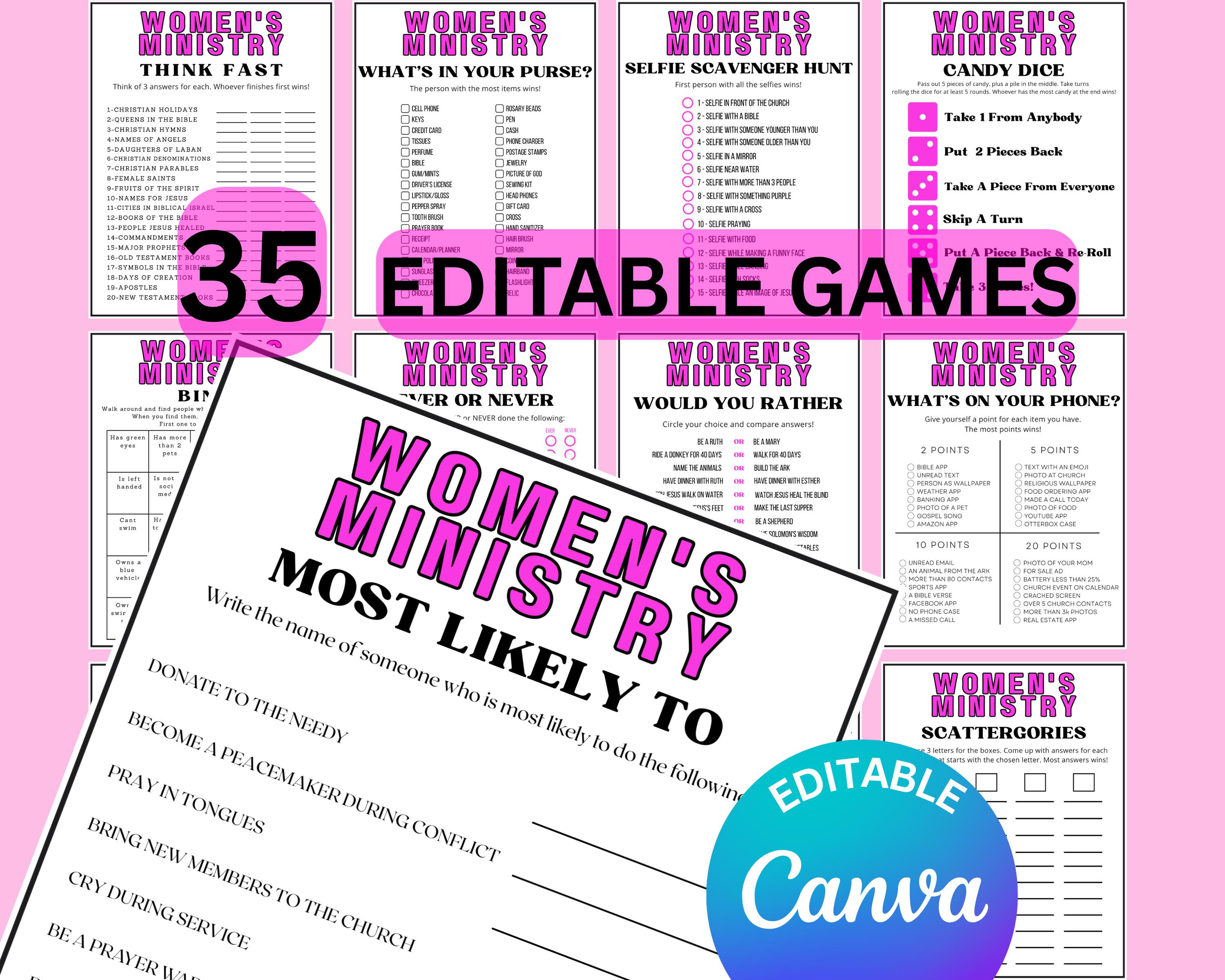 Editable Women's Ministry Game Bundle, Printable Bible Study Retreat ...