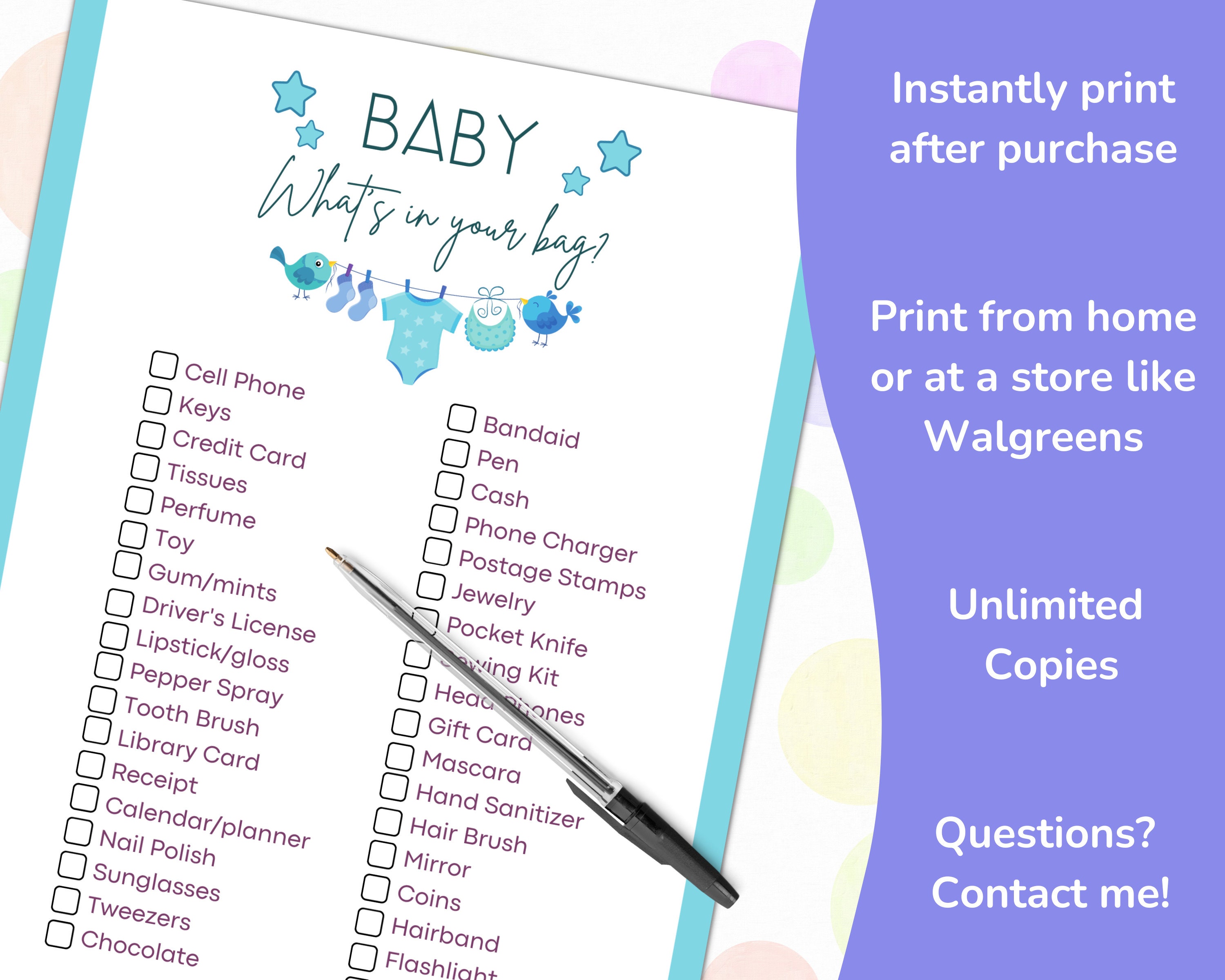 Boy Baby Shower Printable What's in Your Bag Purse Game, Blue Baby ...