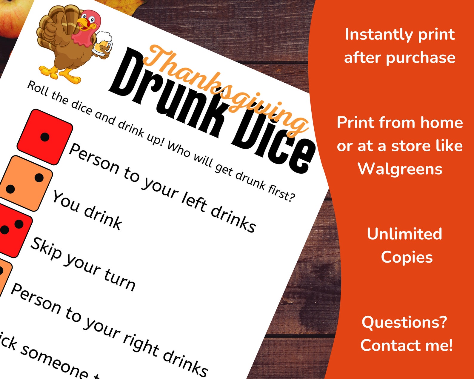 Thanksgiving Turkey Drunk Dice Printable Drinking Game Instant Download ...