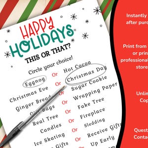 This or That Holiday Activity for School or Work, Printable Christmas ...
