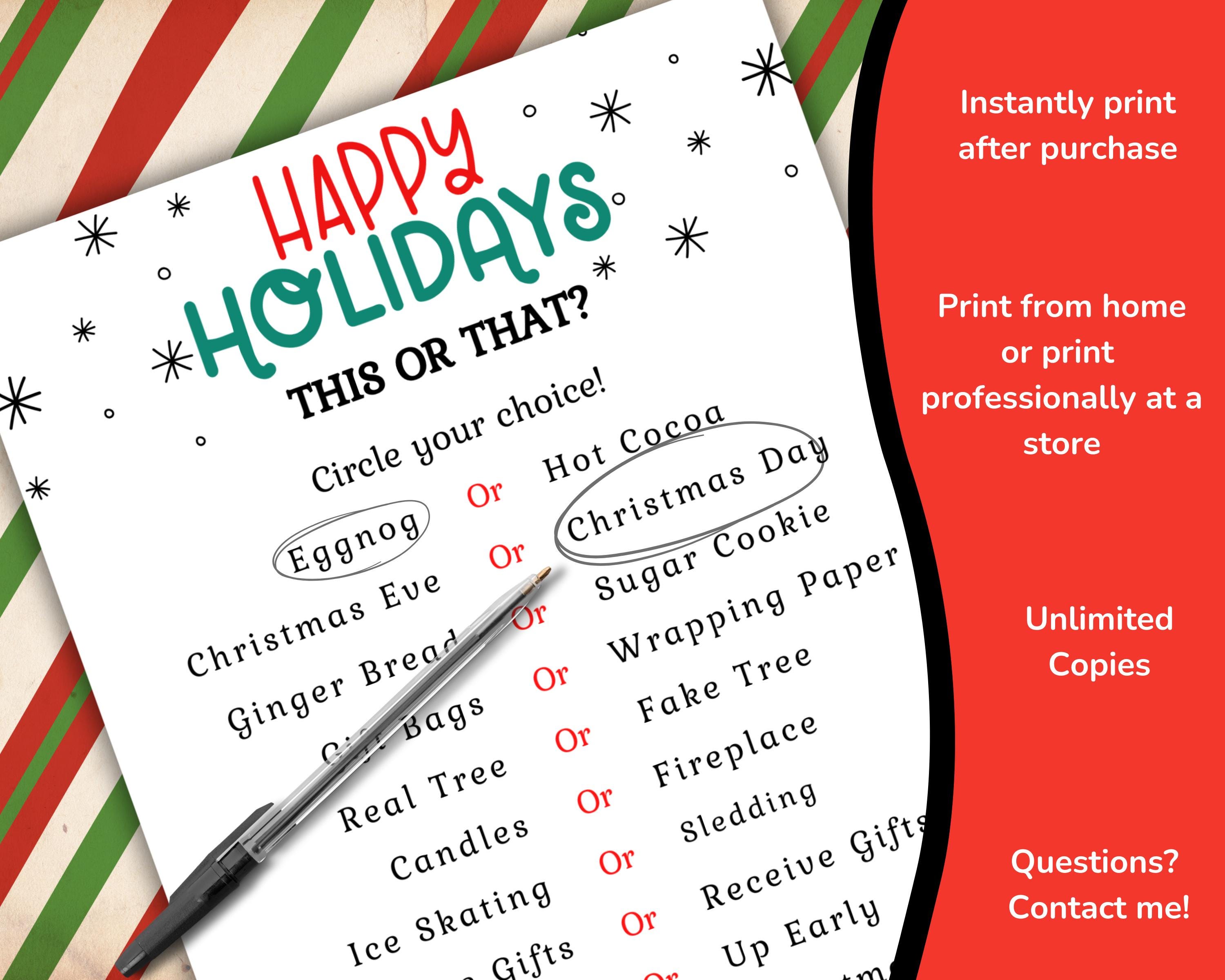This or That Holiday Activity for School or Work, Printable Christmas ...