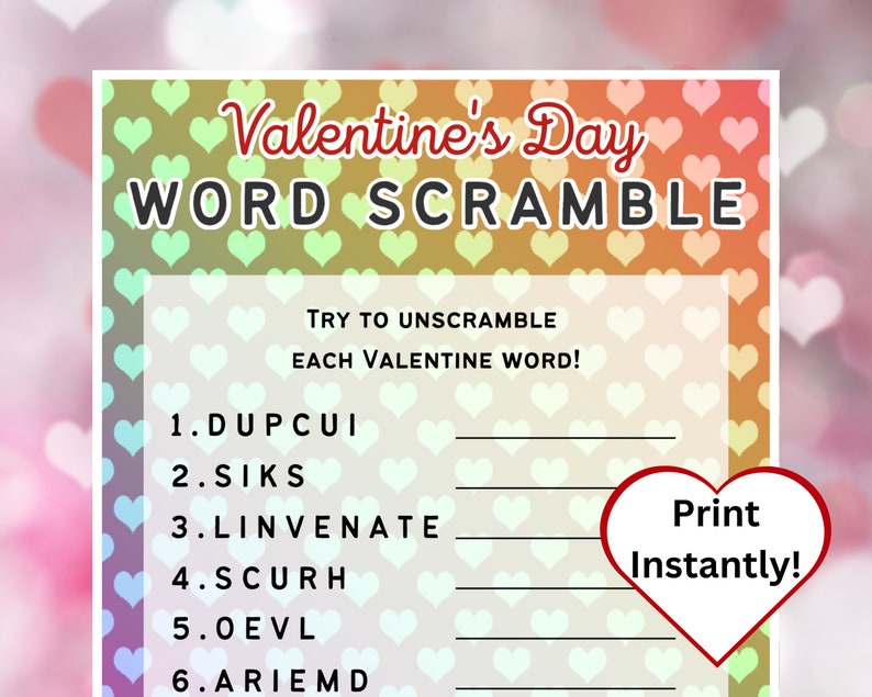 Printable Valentine's Day Word Scramble for Kids & Adults, Valentine's ...