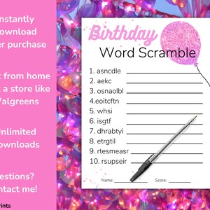 Birthday Word Scramble for Her, Girly Word Scramble, Pink Word Scramble ...