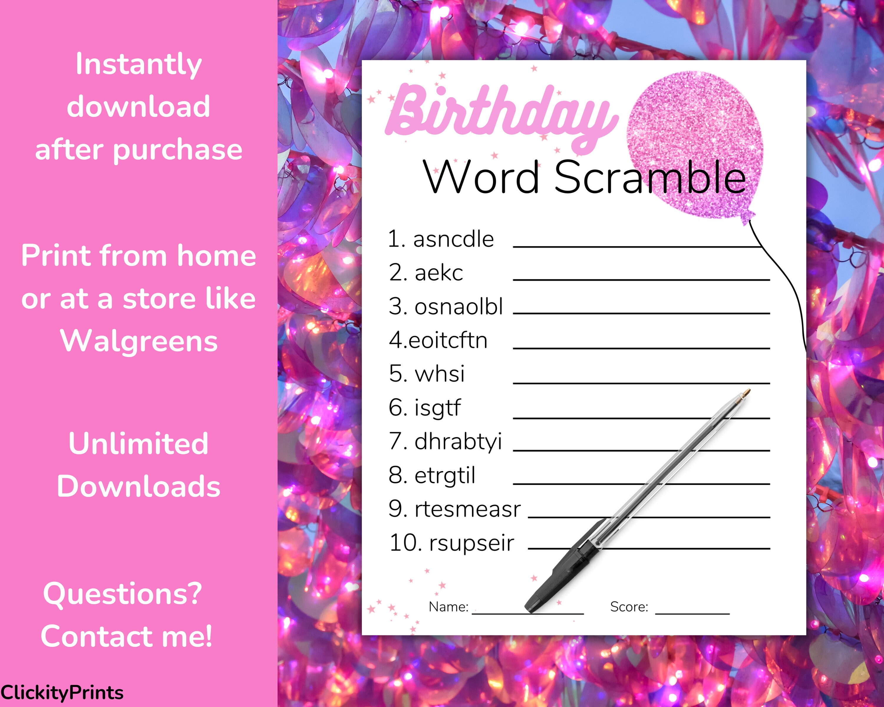 Birthday Word Scramble for Her, Girly Word Scramble, Pink Word Scramble ...