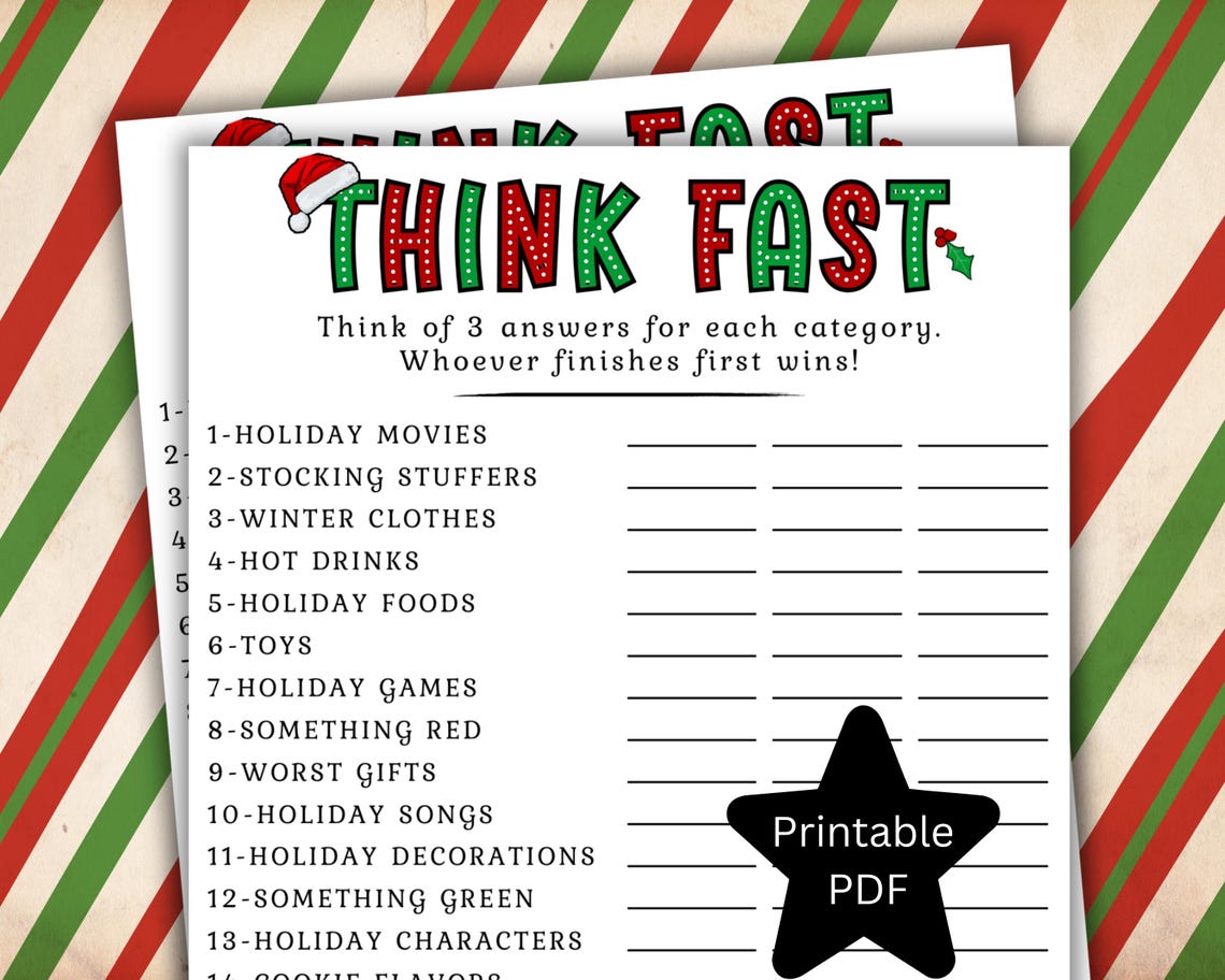 Think Fast Holiday Game for Work or School, Printable Christmas Think ...