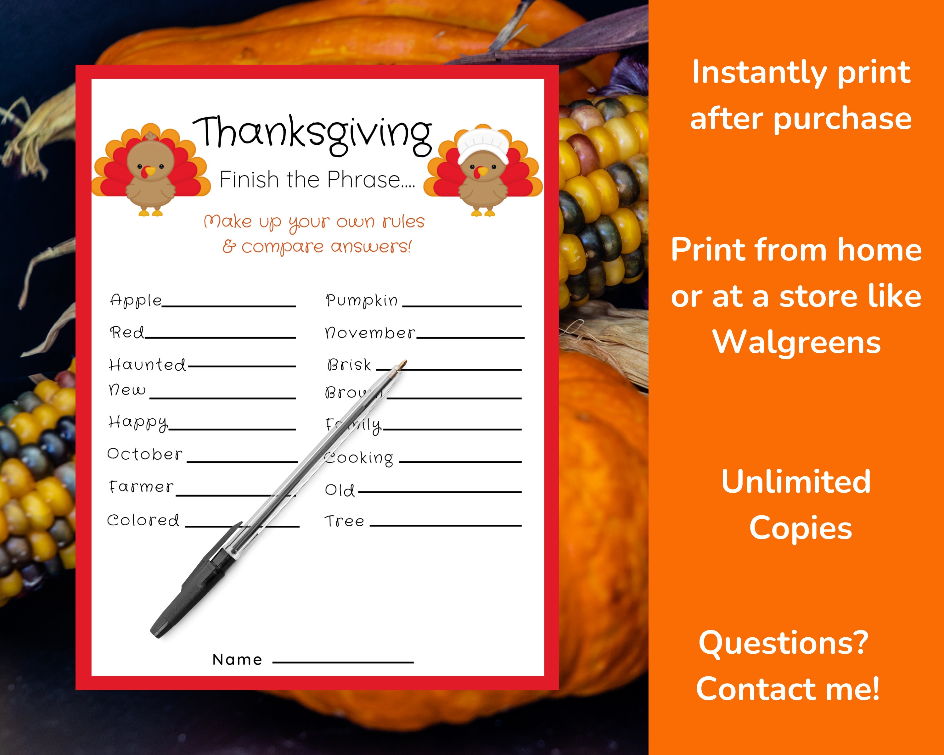 Thanksgiving Game, Finish the Phrase, Turkey Day Game, Thanksgiving ...