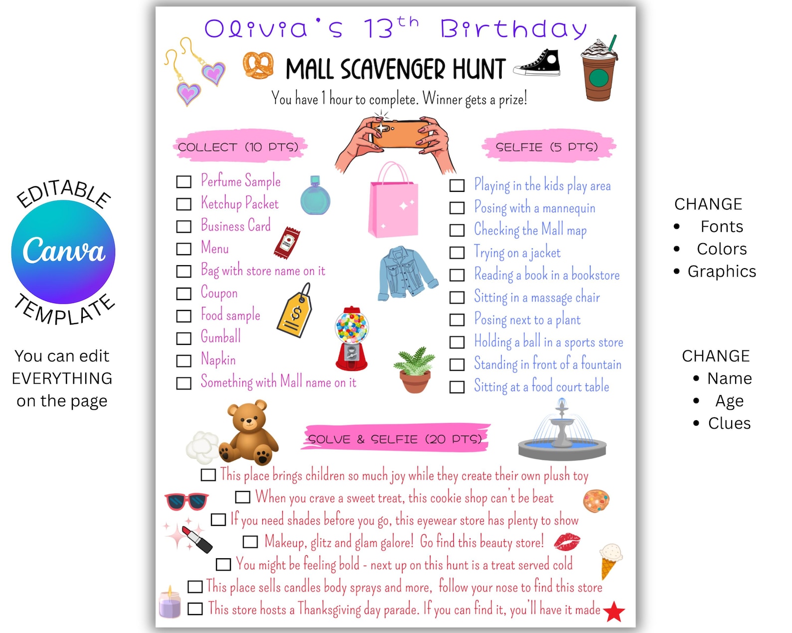 Editable Mall Scavenger Hunt for Teen Girl Birthday Party, Printable ...