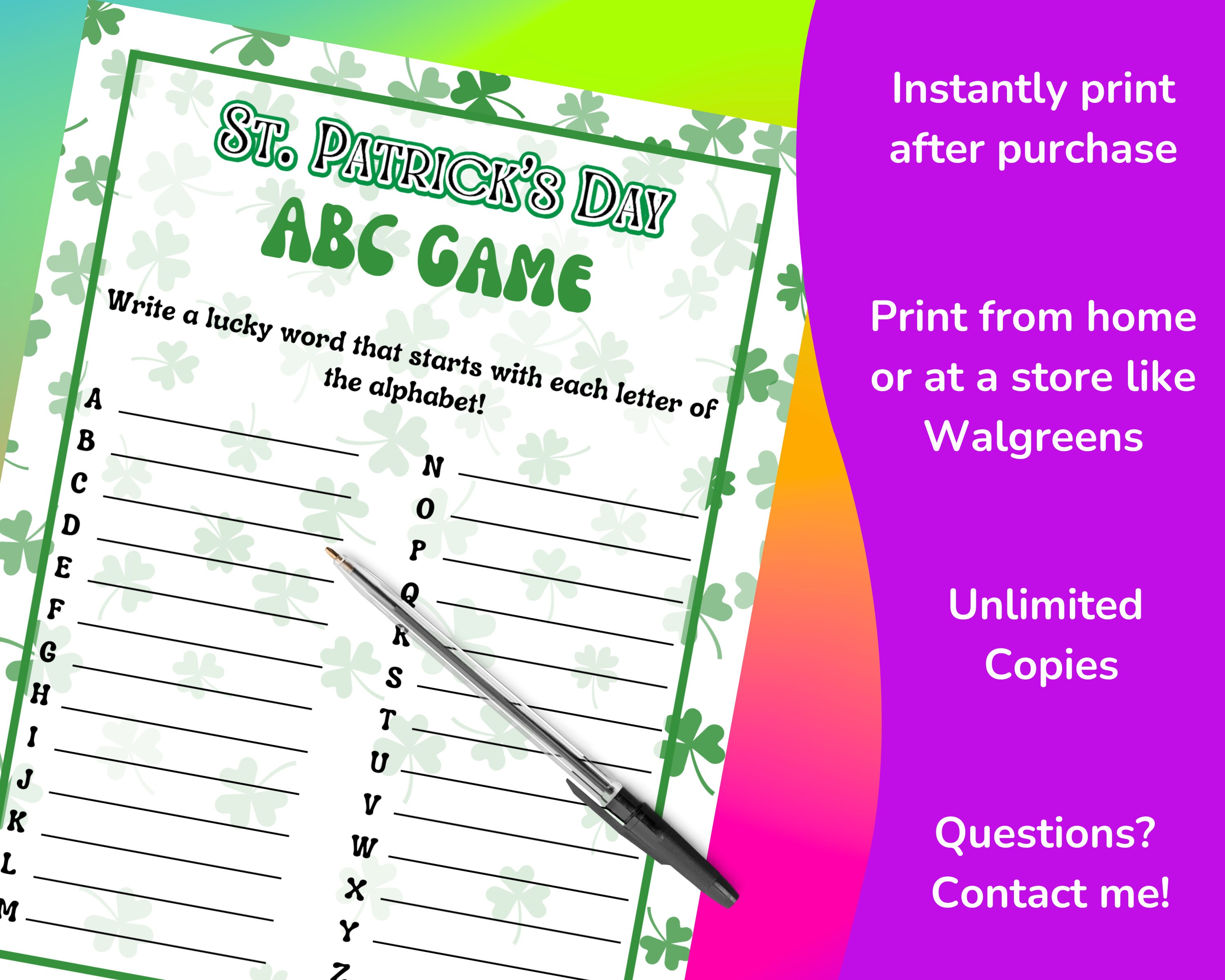 Printable St. Patrick's Day Party ABC Alphabet Game for Kids & Adults ...