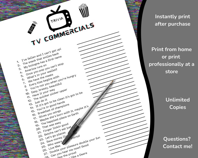 TV Commercial Trivia Game, Printable TV Tagline Quiz, Game Day ...