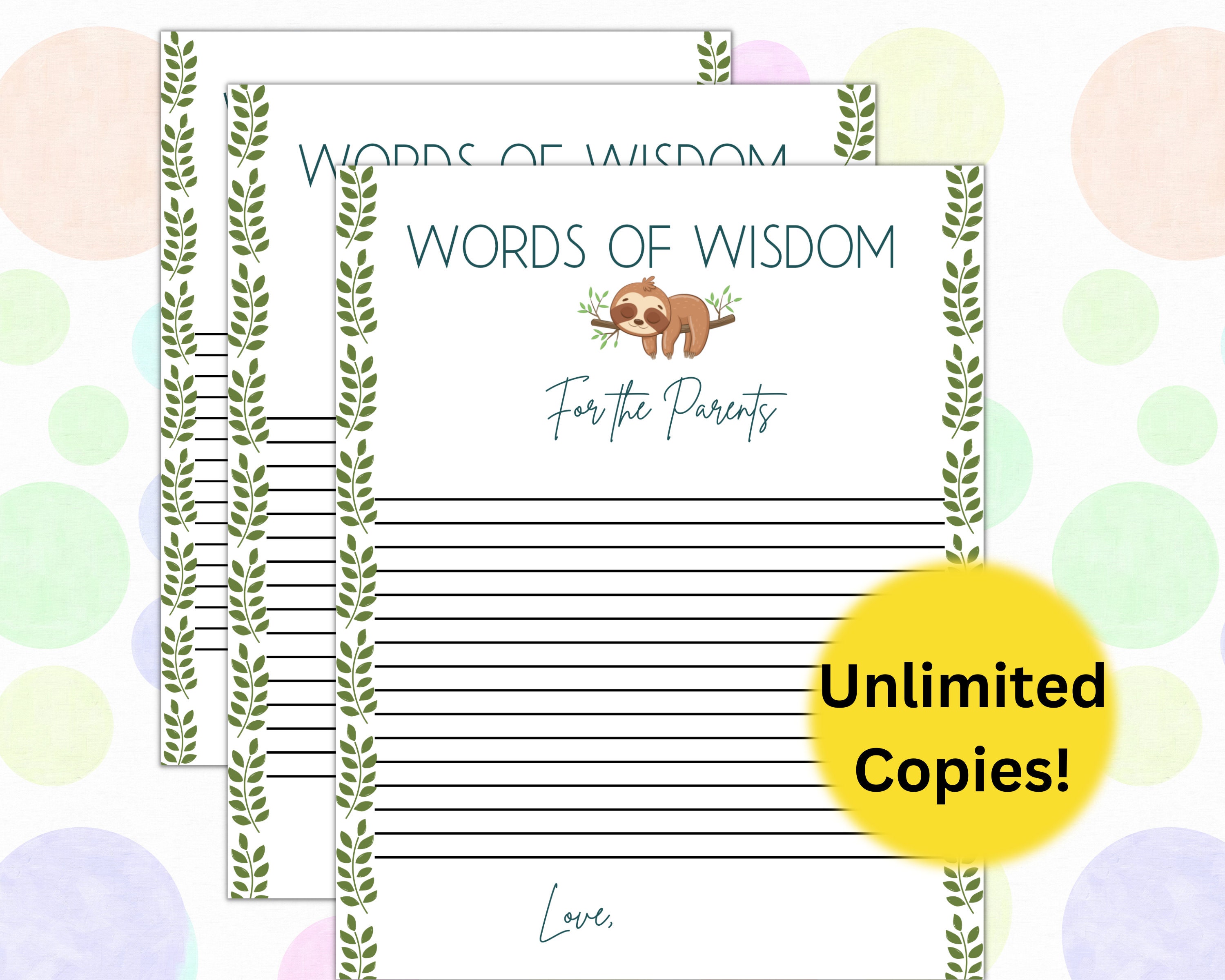 Printable Sloth Baby Shower Words of Wisdom Letter Unisex for Boy or ...