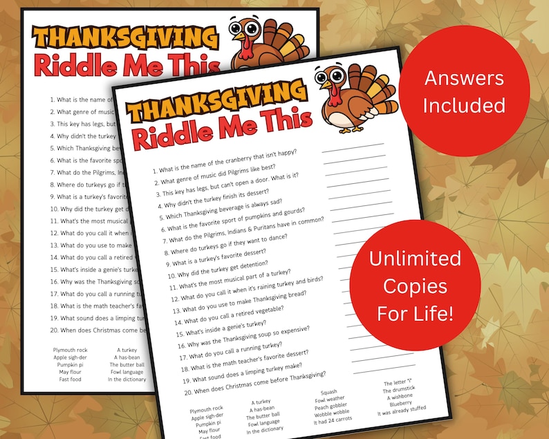 Riddle Me This Thanksgiving Game for Kids Instant Download, Printable ...