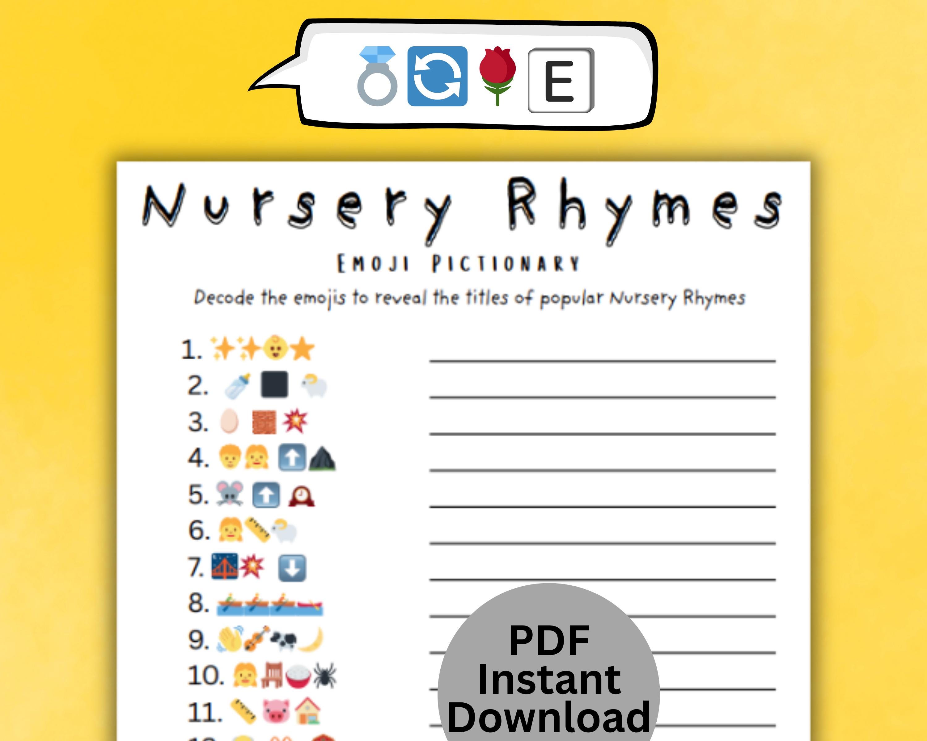 Nursery Rhymes Emoji Pictionary, Printable Nursery Rhymes Quiz for Baby ...
