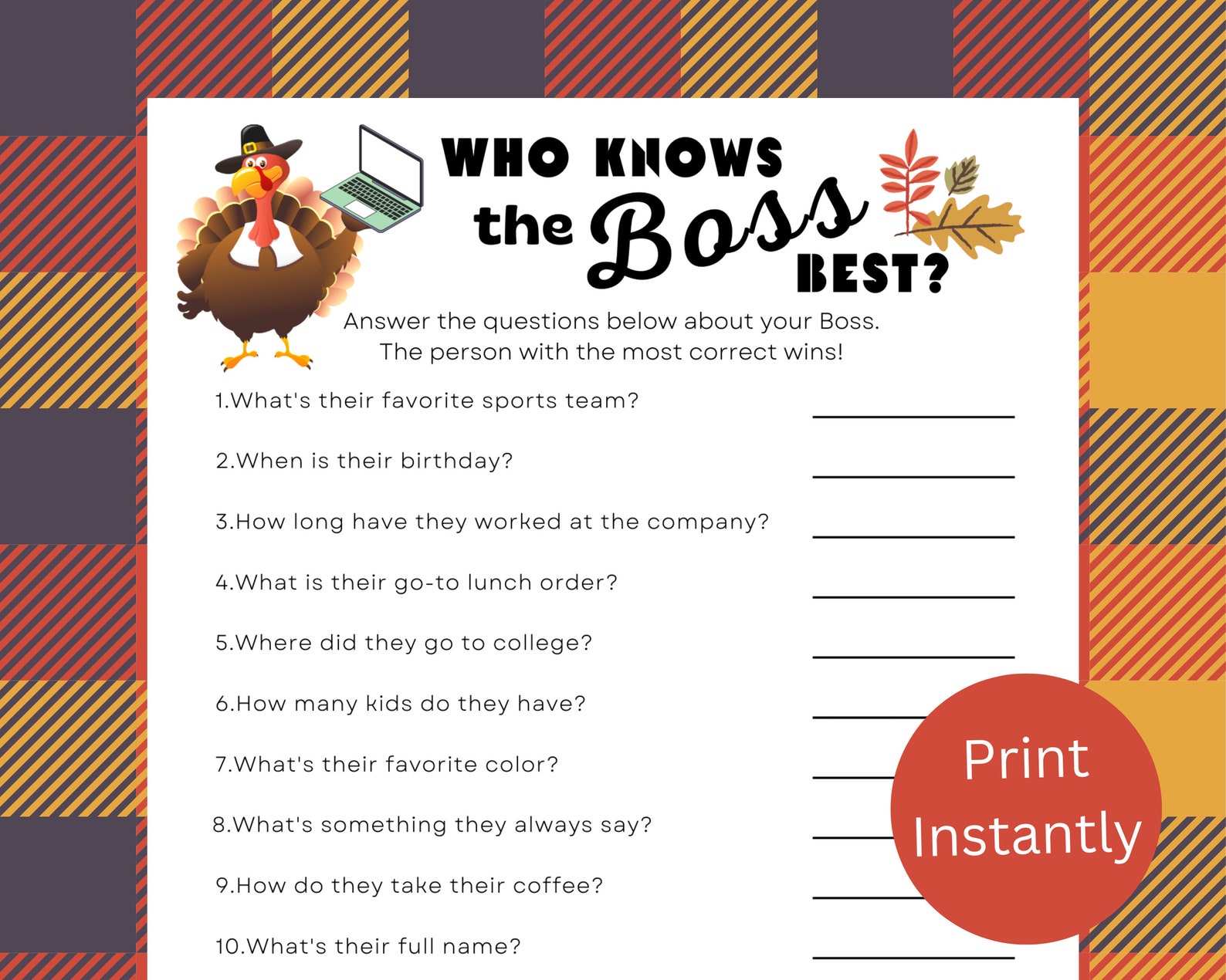 Thanksgiving Who Knows the Boss Best Instant Download, Thanksgiving ...