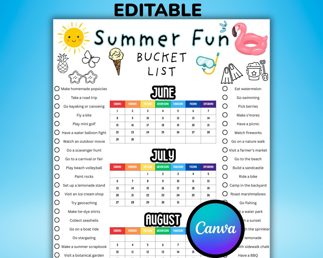 Editable Summer Bucket List for Kids, Printable Summer Checklist ...