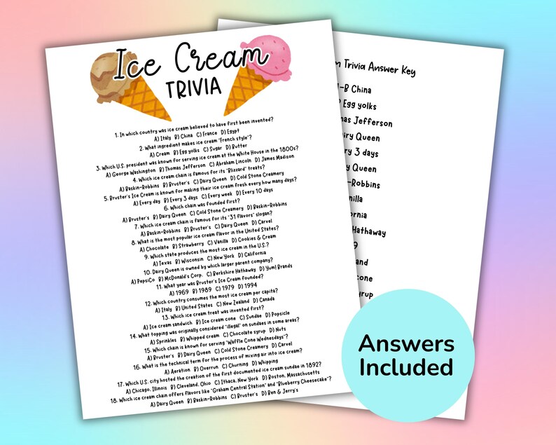 Ice Cream Trivia Game Instant Download, Printable Ice Cream Quiz, Ice ...