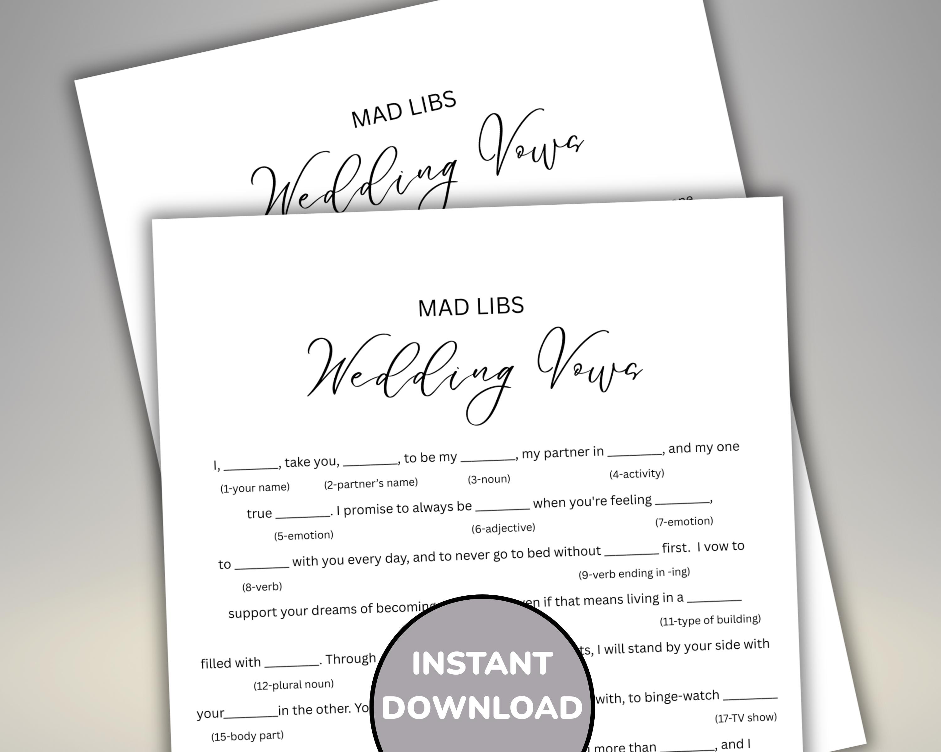 Mad Libs Wedding Vows Activity for Bridal Shower, Bachelorette Party ...