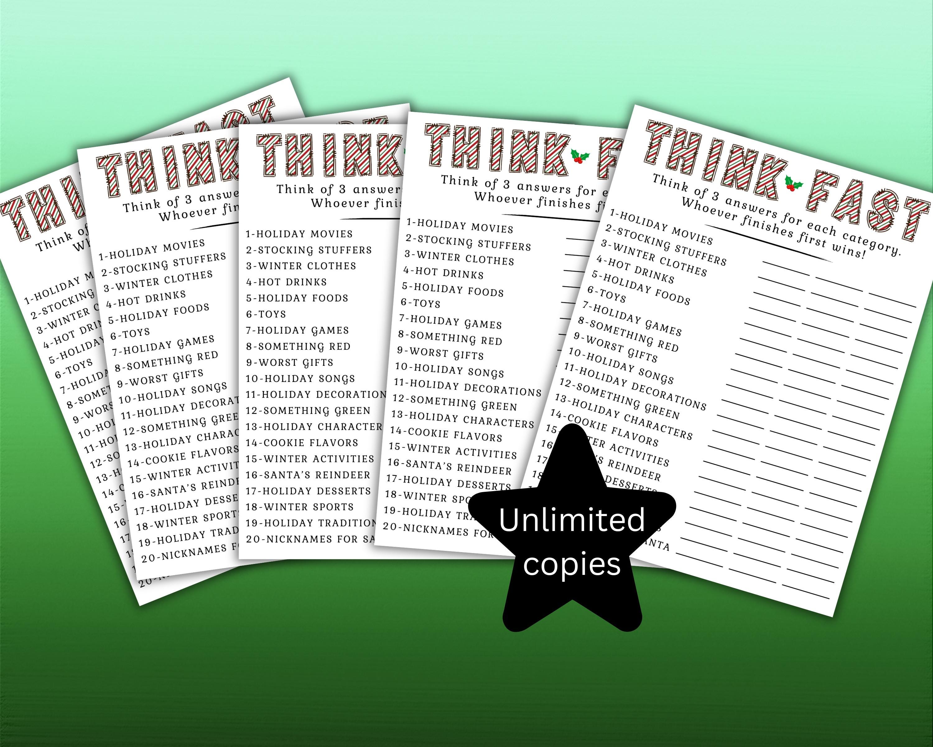 Think Fast Holiday Game for Work or School, Printable Christmas Think ...