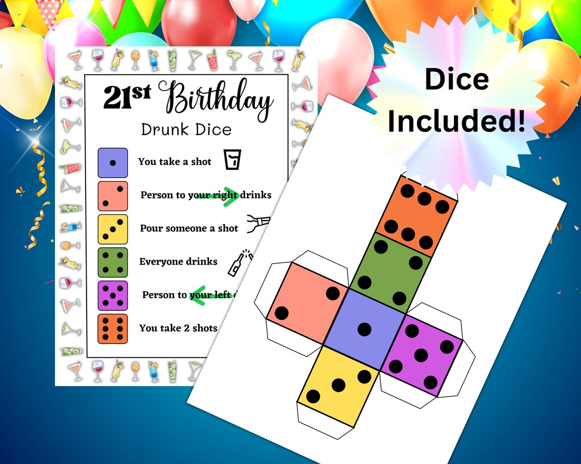 Printable 21st Birthday Drunk Dice Game, 21st Drinking Games, Birthday ...