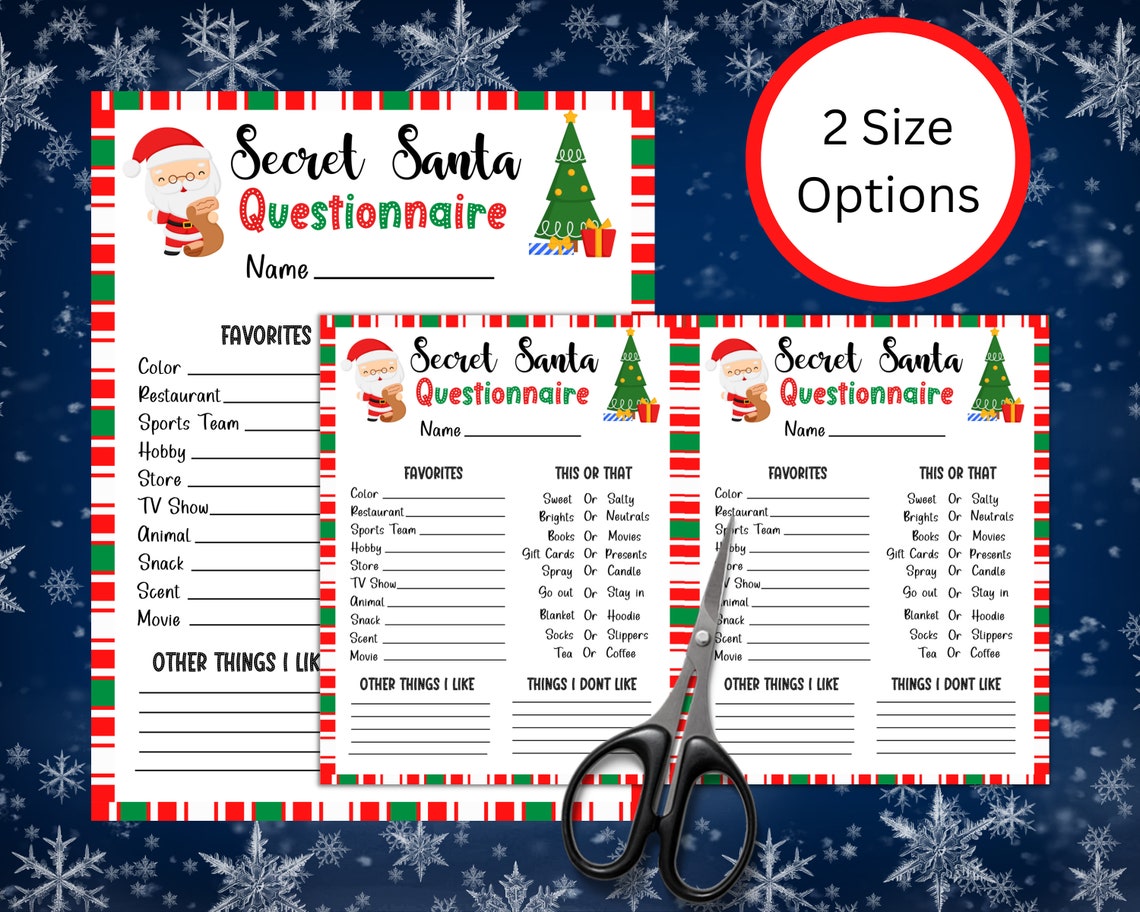 Secret Santa Survey Questionnaire for Kids Adults and Coworkers ...