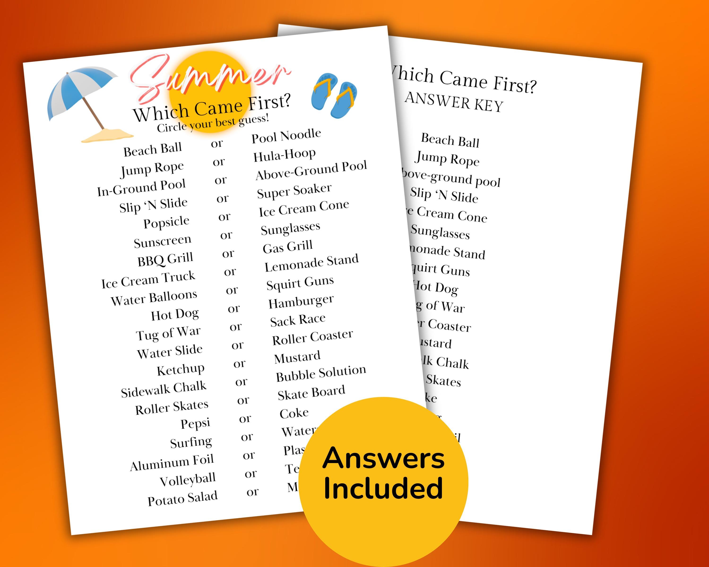 Summer Which Came First Trivia Game, Printable Trivia Game Quiz, Office ...