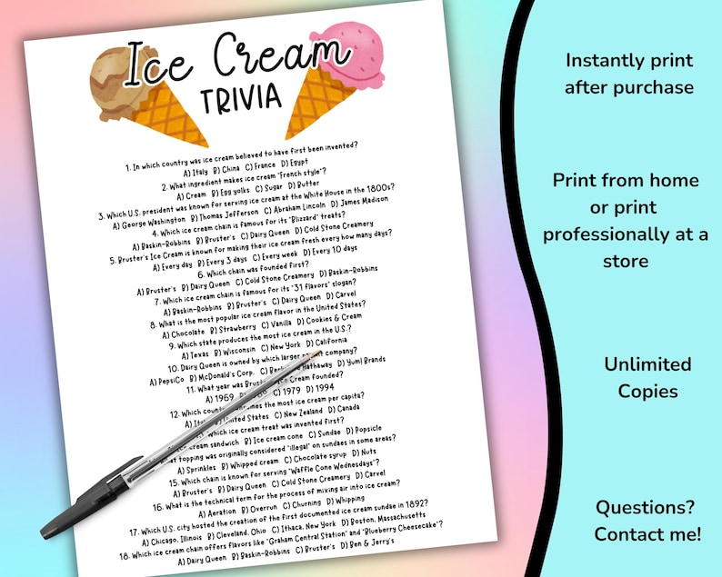 Ice Cream Trivia Game Instant Download, Printable Ice Cream Quiz, Ice ...