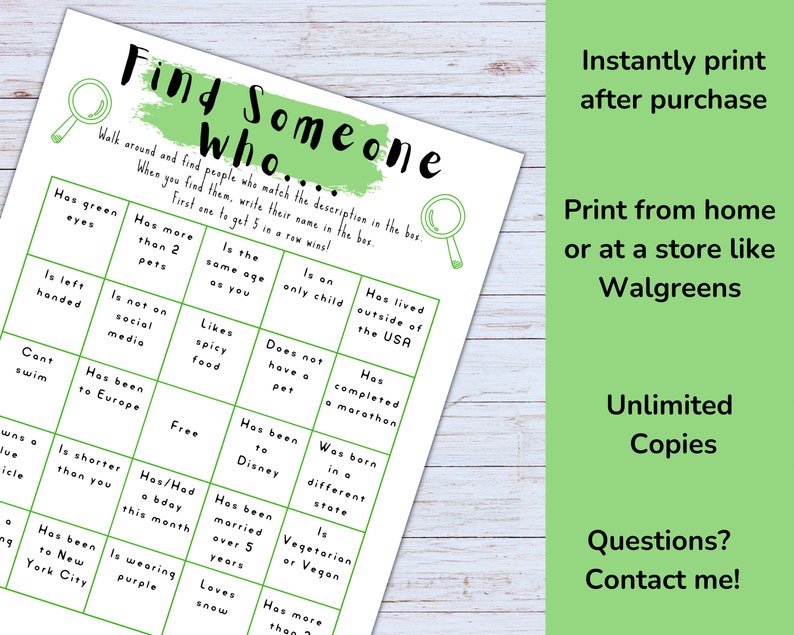 Find Someone Who Game, Party Starter Games, Icebreaker Games, Office ...