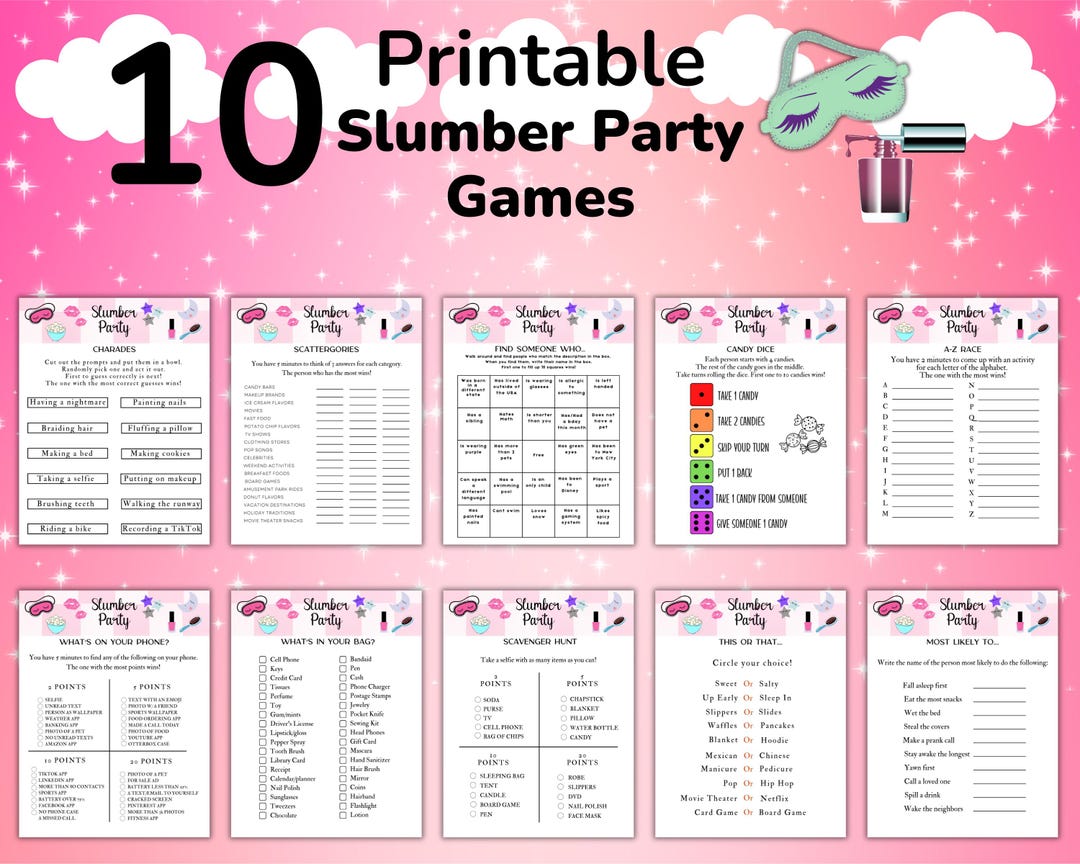 Printable Slumber Party Sleepover Games for Girls Teens, Tween Sleep ...