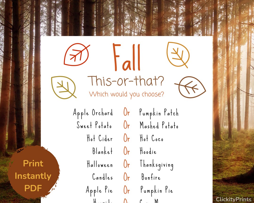 Fall This or That Game, Printable Back to School Game, Would You Rather ...