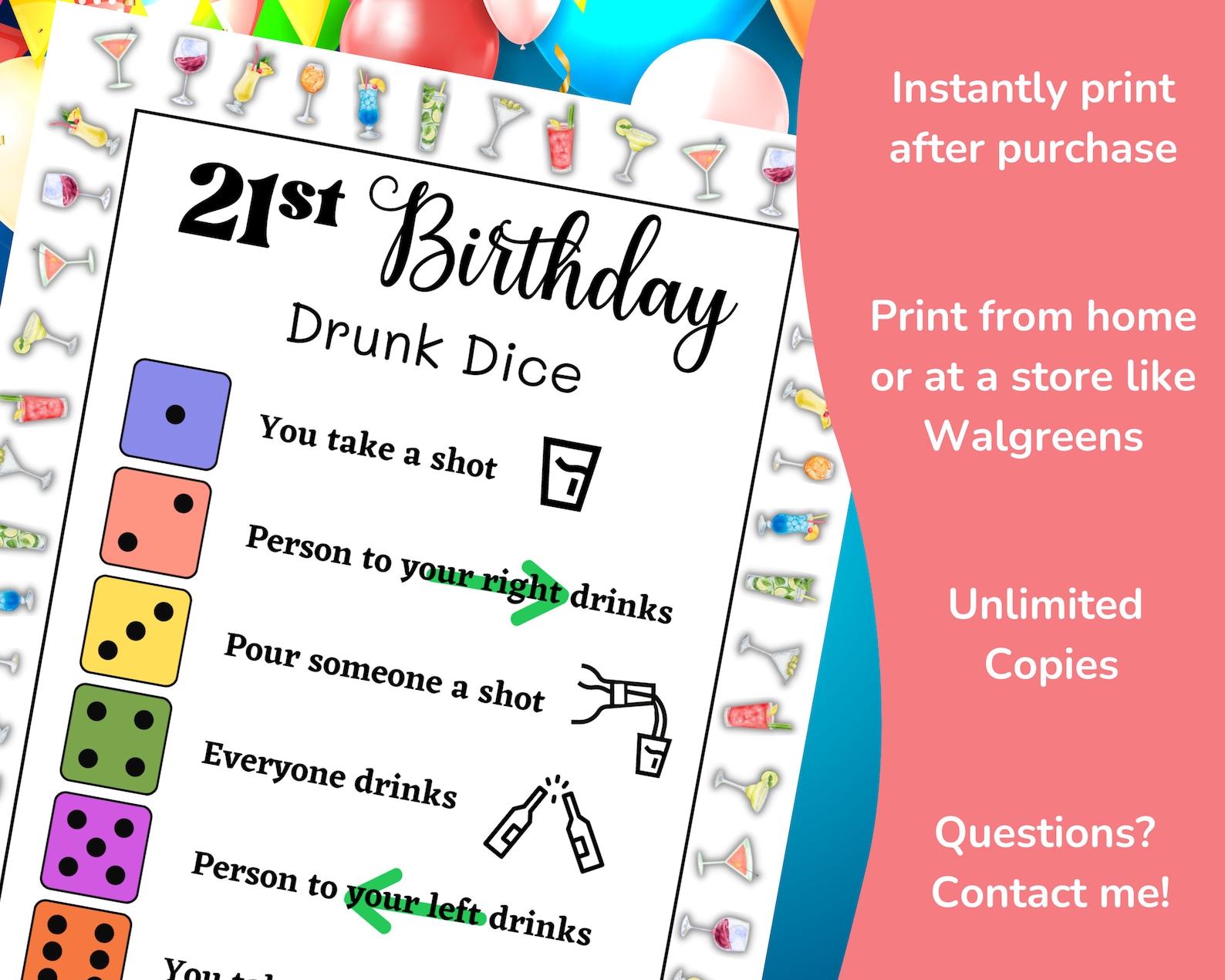 Printable 21st Birthday Drunk Dice Game, 21st Drinking Games, Birthday ...