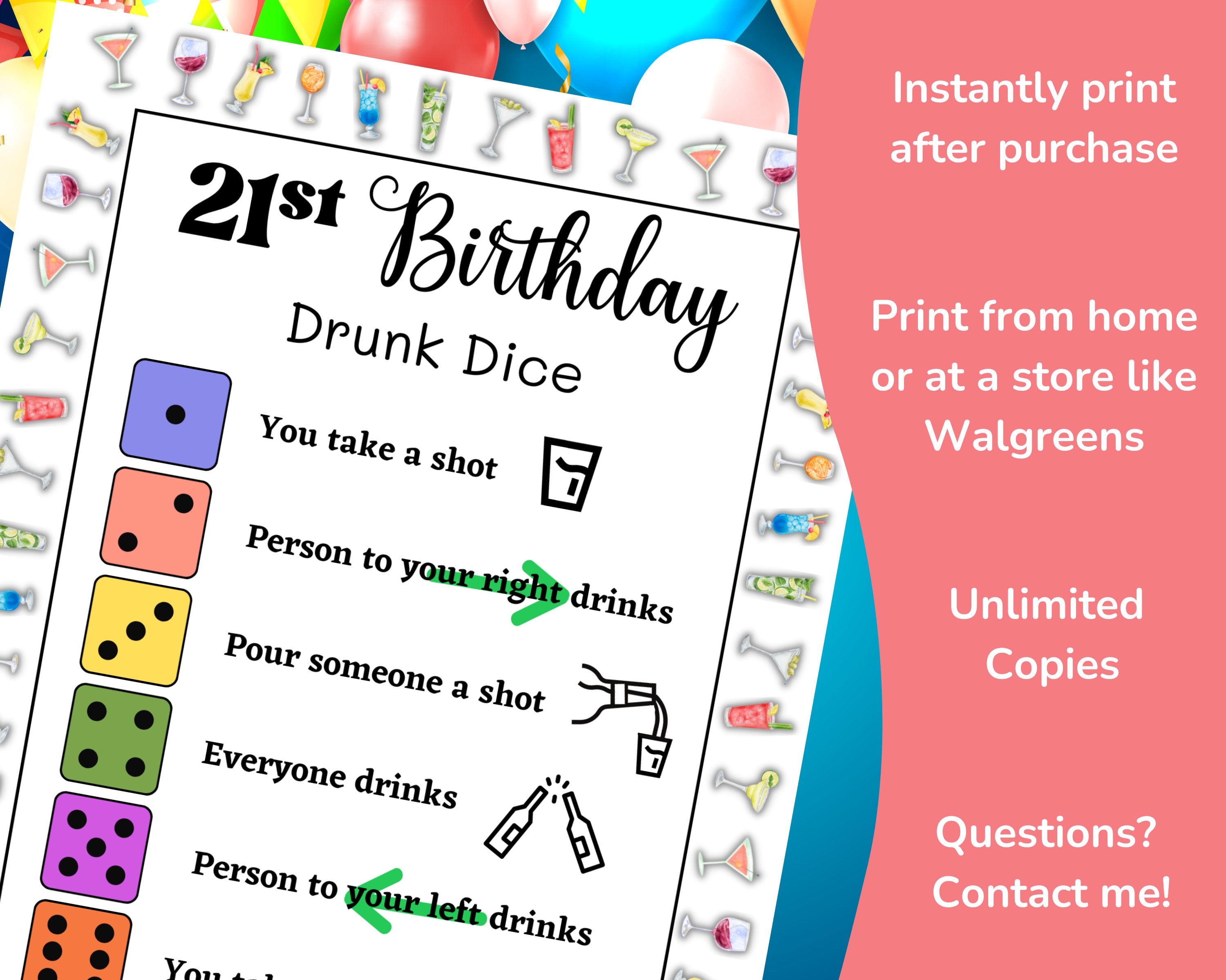 Printable 21st Birthday Drunk Dice Game, 21st Drinking Games, Birthday ...